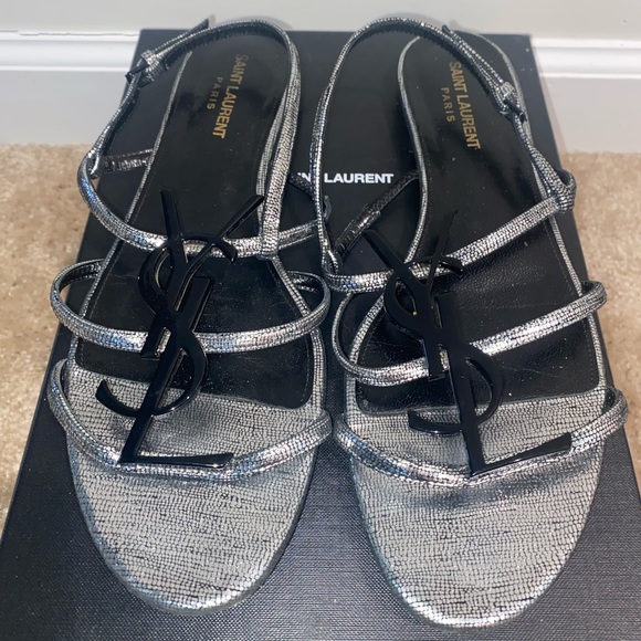 Yves Saint Laurent | Shoes | Ysl Silver Sandals With Black Ysl Metal ...